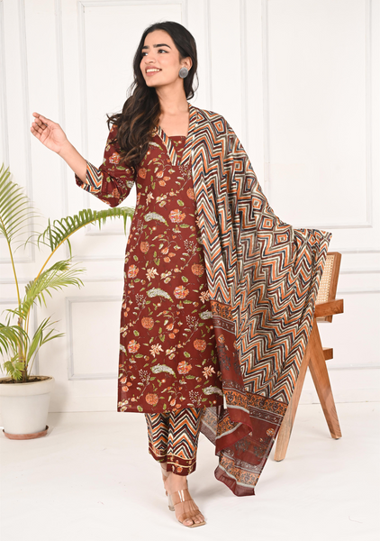 Floral Printed Pure Cotton Maroon Kurta With Trousers And Mulmul Dupat ...