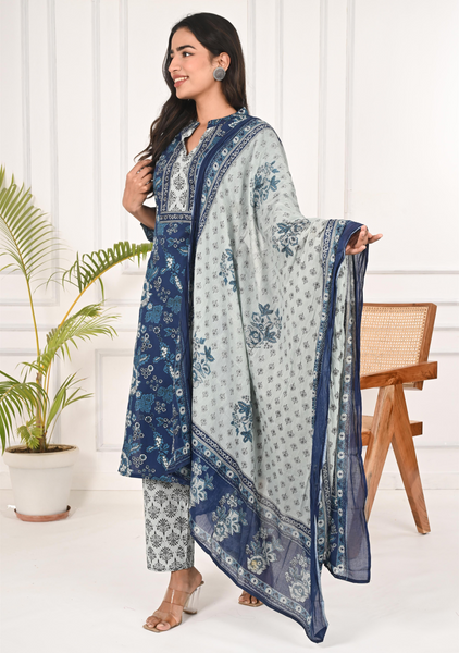 Floral Printed Pure Cotton Blue Kurta With Trousers And Mulmul Dupatta ...